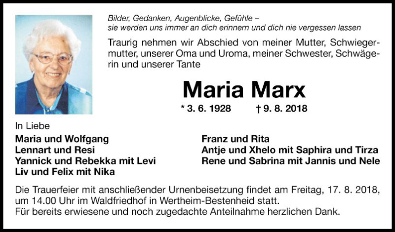 Traueranzeigen von Maria Marx | Trauerportal Ihrer Tageszeitung