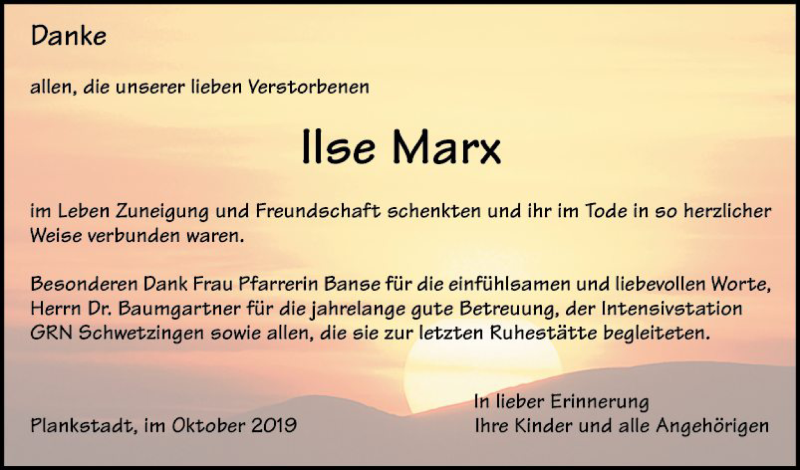 Traueranzeigen von Ilse Marx | Trauerportal Ihrer Tageszeitung