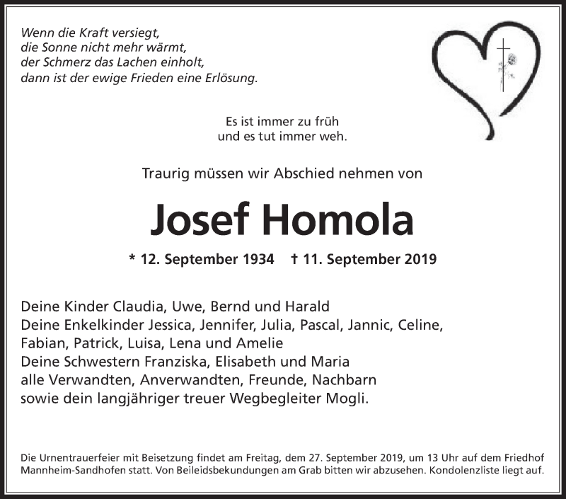 Traueranzeigen von Josef Homola | Trauerportal Ihrer Tageszeitung