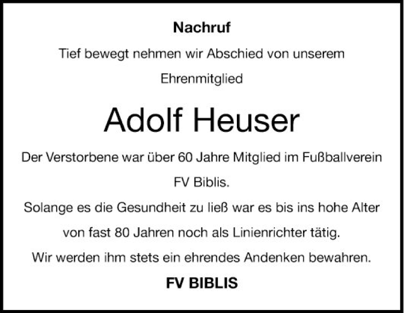Traueranzeigen von Adolf Heuser | Trauerportal Ihrer Tageszeitung