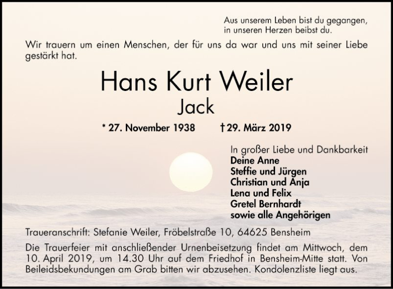 Traueranzeigen von Hans Kurt Weiler | Trauerportal Ihrer Tageszeitung