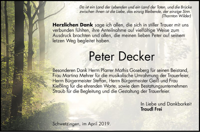 Traueranzeigen von Peter Decker | Trauerportal Ihrer Tageszeitung
