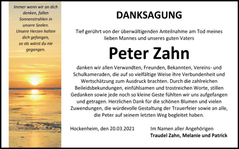 Traueranzeigen von Peter Zahn | Trauerportal Ihrer Tageszeitung