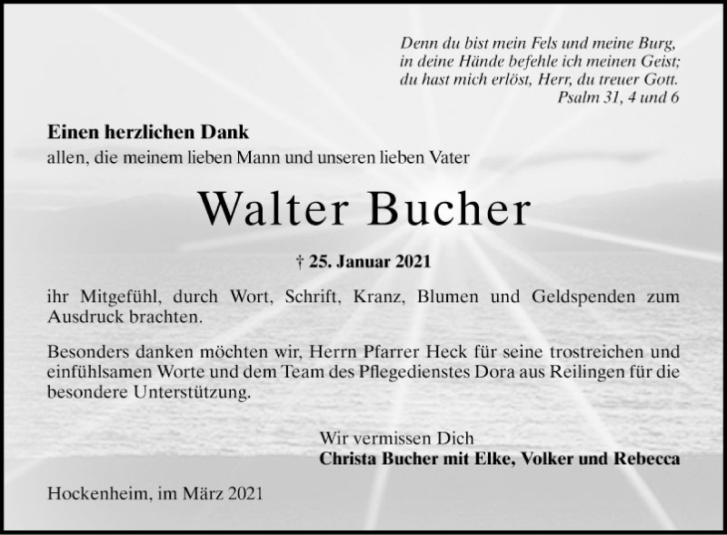 Traueranzeigen von Walter Bucher | Trauerportal Ihrer Tageszeitung