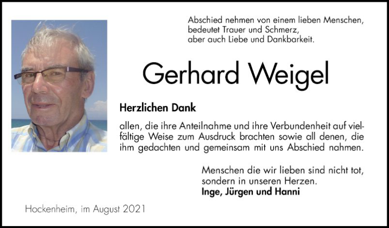 Traueranzeigen von Gerhard Weigel | Trauerportal Ihrer Tageszeitung