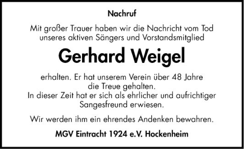 Traueranzeigen von Gerhard Weigel | Trauerportal Ihrer Tageszeitung
