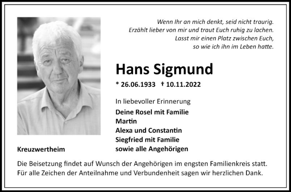 Traueranzeigen von Hans Sigmund | Trauerportal Ihrer Tageszeitung