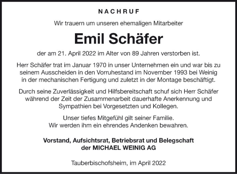 Traueranzeigen von Emil Schäfer | Trauerportal Ihrer Tageszeitung