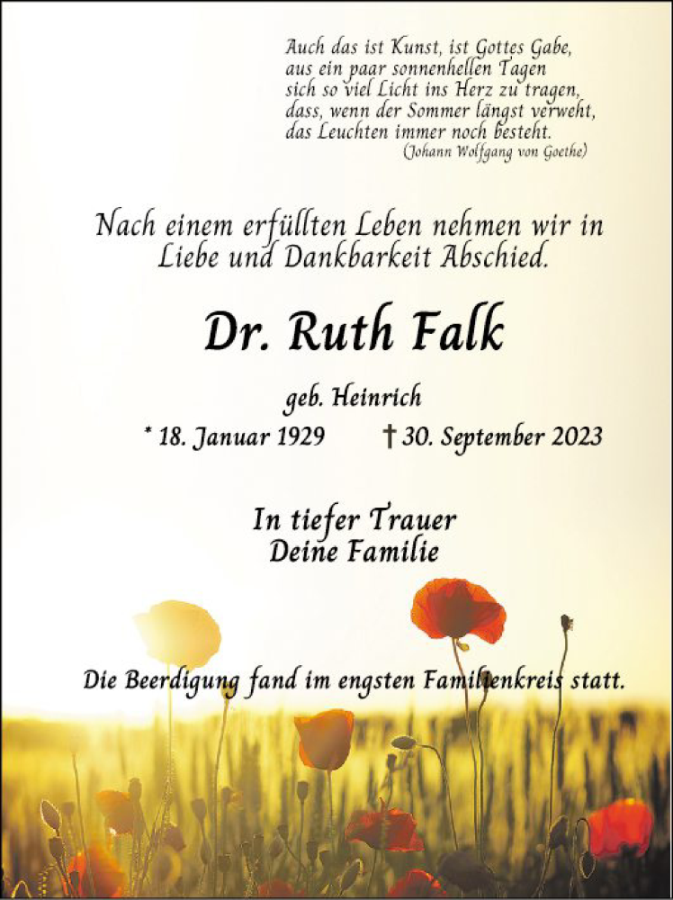 Traueranzeigen von Ruth Falk | Trauerportal Ihrer Tageszeitung