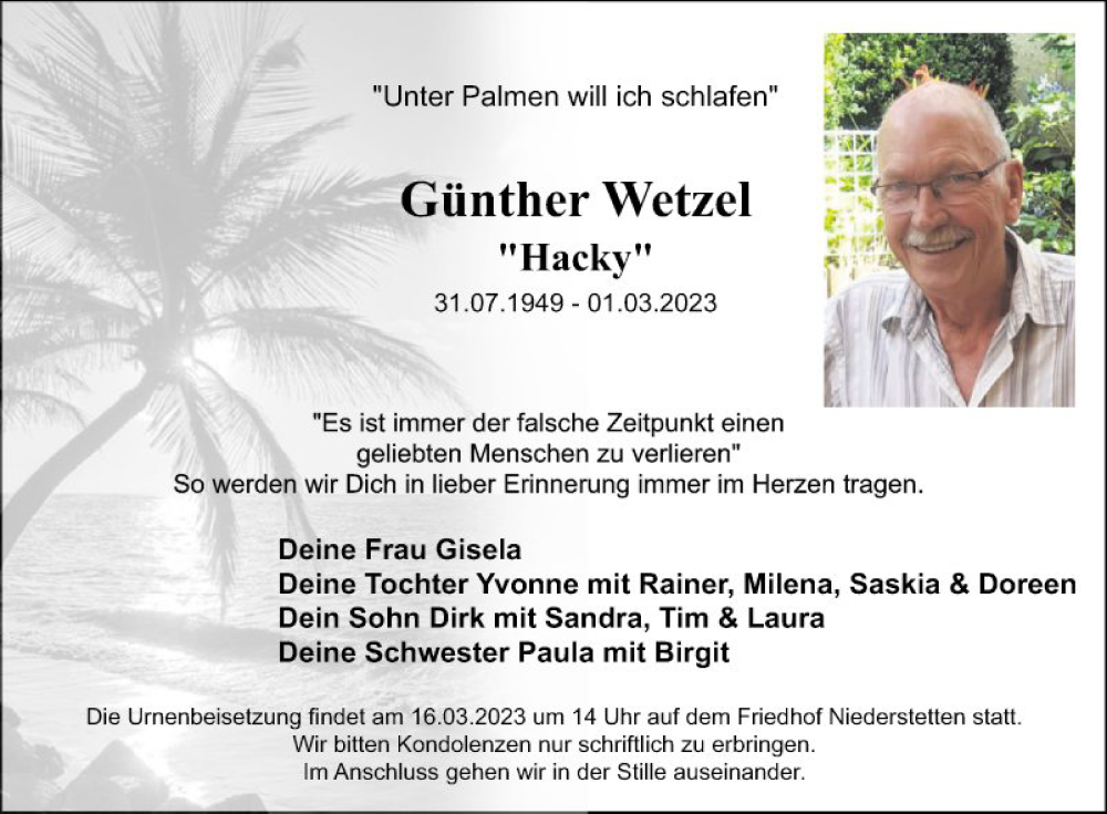 Traueranzeigen von Günther Wetzel | Trauerportal Ihrer Tageszeitung