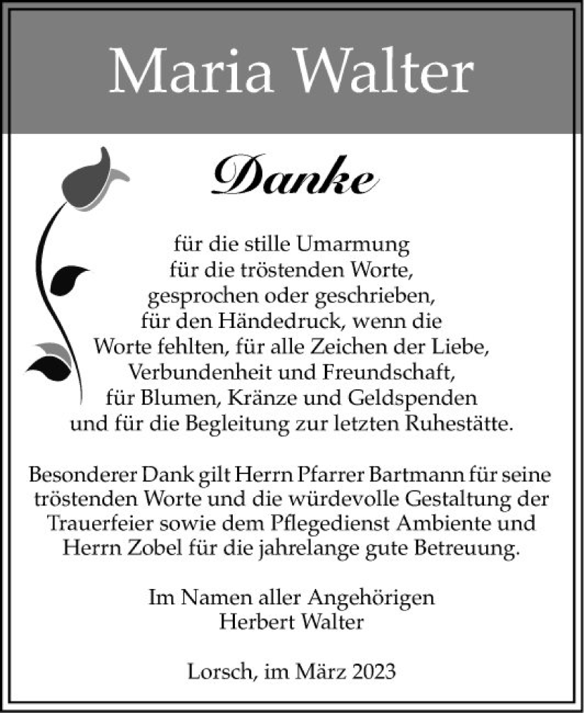 Traueranzeigen von Maria Walter | Trauerportal Ihrer Tageszeitung