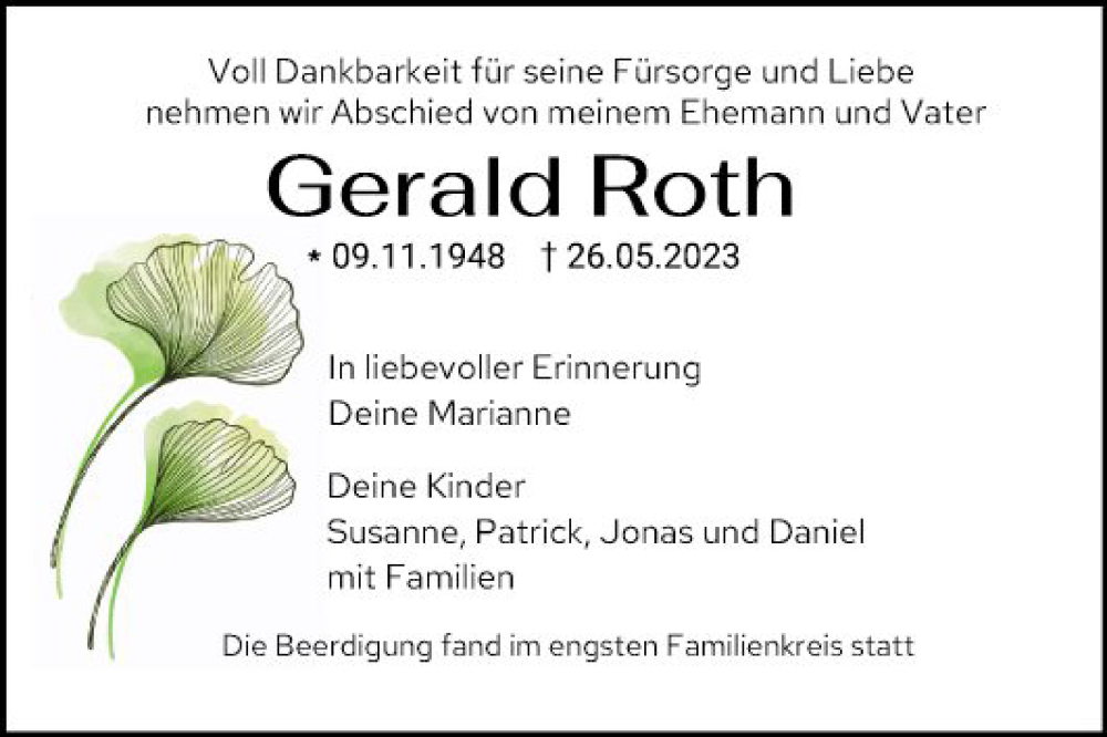 Traueranzeigen von Gerald Roth | Trauerportal Ihrer Tageszeitung