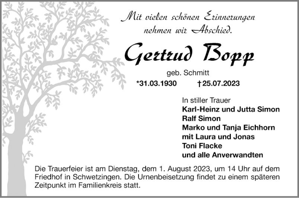 Traueranzeigen von Gertrud Bopp | Trauerportal Ihrer Tageszeitung